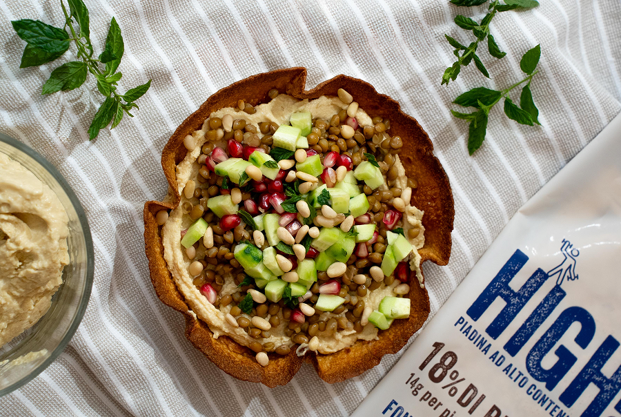High Pro Piadina Bowl with Spiced Lentils, Pomegranate and Pine Nuts ...